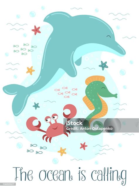 돌고래 게와 바다 마의 벡터 이미지입니다 소녀 생일 휴일 여름 파티 카드 인쇄 옷에 대 한 해양 손으로 그린 그림 바다가 호출