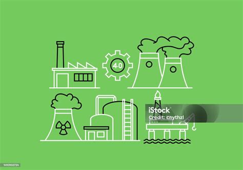 중공업 및 전력 산업 관련 라인 배너 디자인 발전소 전기 공장 광업 석유 산업 원자력 발전소에 대한 스톡 벡터 아트 및 기타