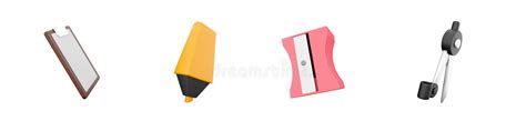 3d Render File Marker Sharpener Compasses Icon Set On White