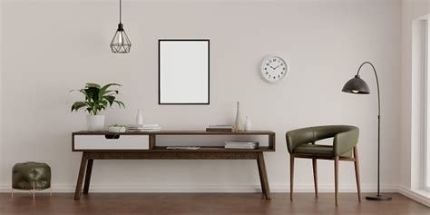 빈 수직 포스터 프레임은 나무 캐비닛 안락의자 장식이 있는 현대적인 거실에 있습니다 3d 렌더링 그림 가구에 대한 스톡 사진 및