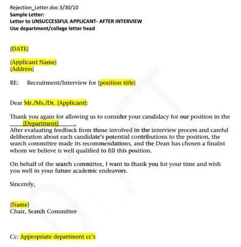 Rejection Email Template After Interview 27 Rejection Letters Template Hr Templates Free