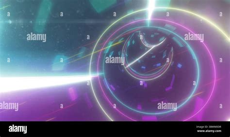 Spiraling Neon Rings Creating Tunnel In Virtual Space With Light Beams Glowing Squares And