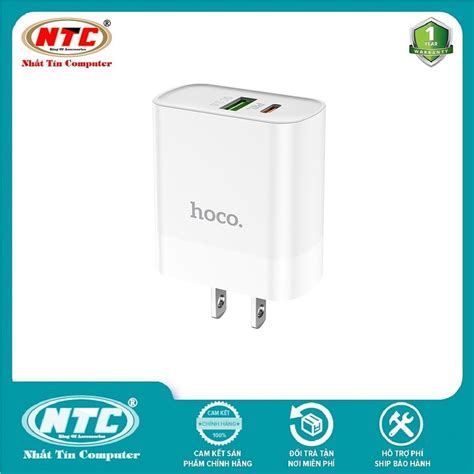 Cốc sạc cổng USB Hoco C chân dẹp QC và Type C PD W Trắng Hàng chính hãng Shopee