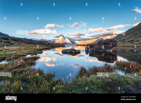 Beautiful Landscape Of Lake Stellisee With Matterhorn Iconic Mountain