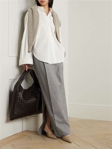 Brunello Cucinelli Oversized Bead Embellished Cotton Blend Poplin Shirt