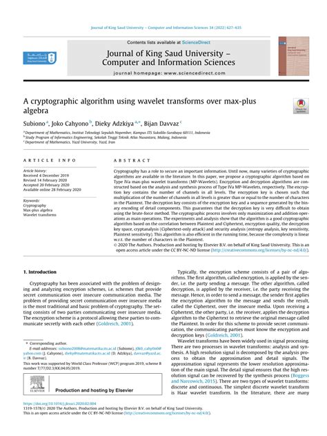 Pdf A Cryptographic Algorithm Using Wavelet Transforms Over Max Plus
