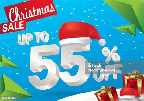 크리스마스 판매 55 겨울 모자 산타 클로스 배너와 눈 3d 아이스 텍스트 판매 배경 새 해 판매입니다 벡터 일러스트 레이 션