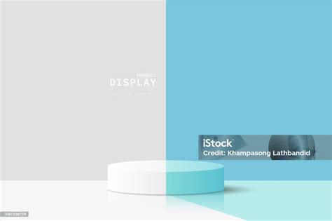 현대 3d 실린더 연단 받침대 현실적 또는 두 가지 색상의 흰색과 파란색 대비가 있는 쇼케이스용 무대 모형 장면입니다 제품 프리젠테이션 또는 판촉을 위한 디자인 3d 벡터