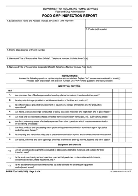 Fillable Form Fda 2966 Food Gmp Inspection Report Printable Pdf Download