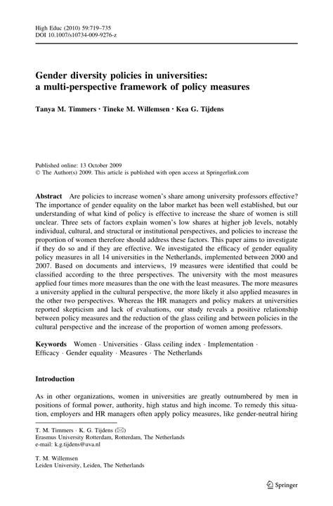 Pdf Gender Diversity Policies In Universities A Multi Perspective