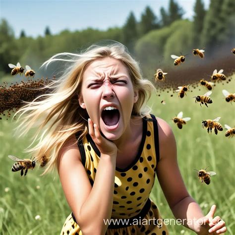 Blonde Girl Screaming In Pasture Stung By Large Bees Ai Art Generator