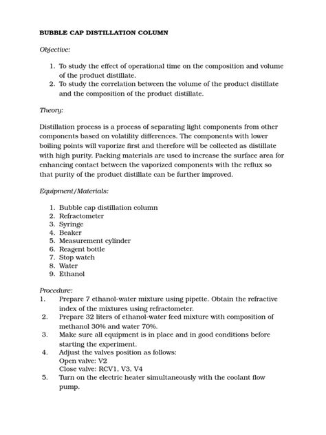 Bubble Cap Distillation Column Pdf Distillation Chemical Process Engineering