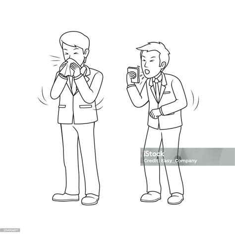 색칠하기 위한 흑백 도면 두 명의 사업가가 아파서 재채기를 하고 있습니다 재채기에 대한 스톡 벡터 아트 및 기타 이미지 재채기 색칠하기 20 29세 Istock
