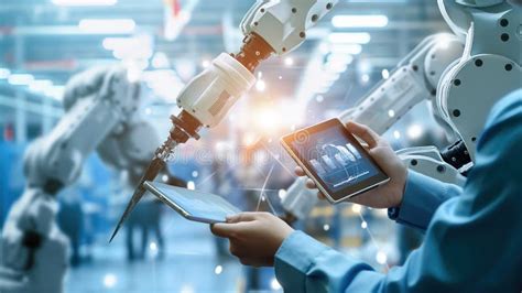 Worker Use Smart Devices To Control Robotic Arms For Production In