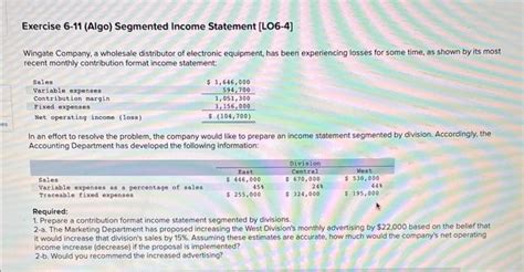 solved exercise 6 11 algo segmented income statement