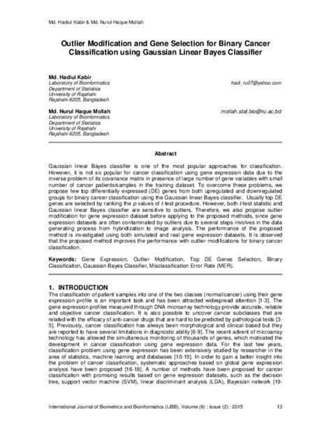 Pdf Outlier Modification And Gene Selection For Binary Cancer