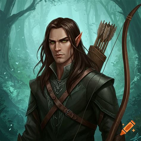 Male Elf With Long Dark Brown Hair Green Eyes Dark Green Tunic And Bow On Craiyon