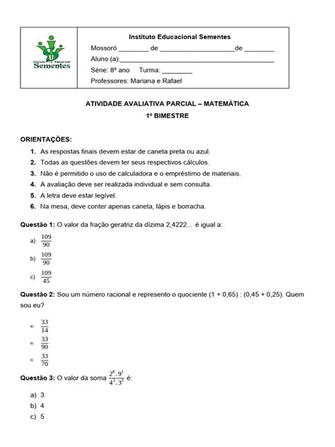 Adaptada Prova Parcial 8 Ano 1 Bimestre Pdf