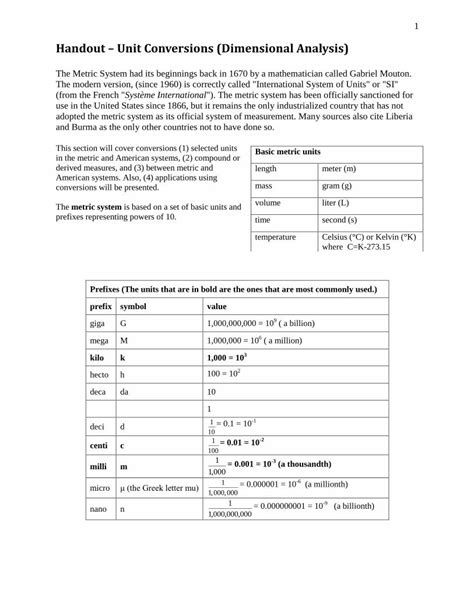Pdf Handout Unit Conversions Dimensional Analysis1 Handout Unit