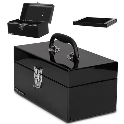 Small Tool Box Portable Removable Tray Heavy Steel Tool Box With Metal Latch Closure Black