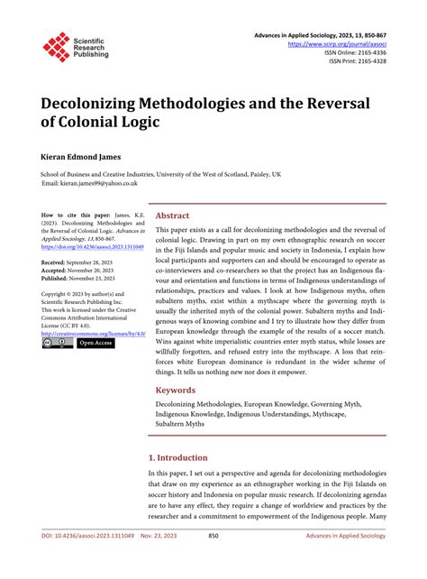 Pdf Decolonizing Methodologies And The Reversal Of Colonial Logic