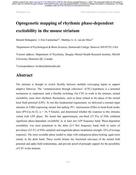 Pdf Optogenetic Mapping Of Rhythmic Phase Dependent Excitability In The Mouse Striatum