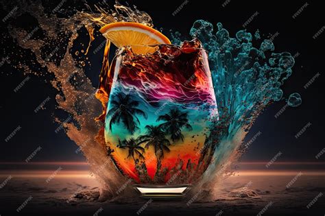 Premium Photo Exploding Glass With Liquid Colored Tropical Cocktail