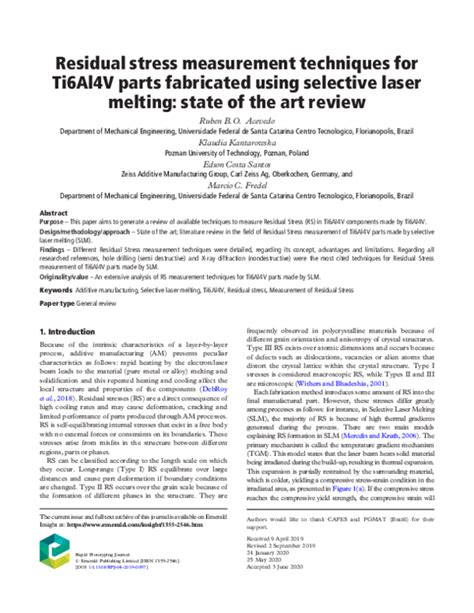 Pdf Residual Stress Measurement Techniques For Ti6al4v Parts Fabricated Using Selective Laser