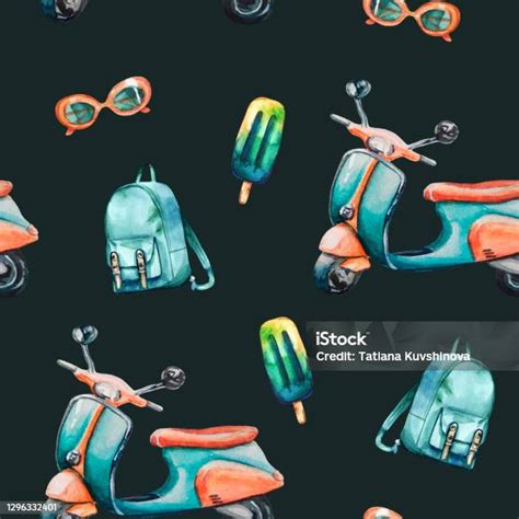 수채화 손은 어두운 배경에 청록색 빈티지 스쿠터 배낭 아이스크림과 오렌지 선글라스와 매끄러운 패턴을 그린 0명에 대한 스톡 벡터