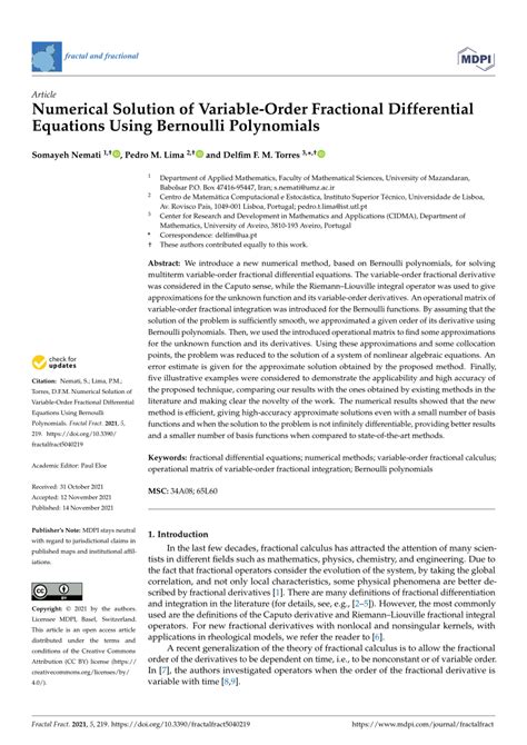 Pdf Numerical Solution Of Variable Order Fractional Differential Equations Using Bernoulli