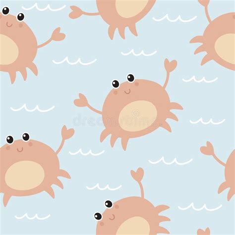Seamless Pattern With Cute Crab Summer Marine Texture Stock Vector