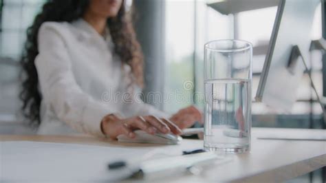 Blurred View Unrecognizable Woman Working In Office At Computer Busy Businesswoman Typing On