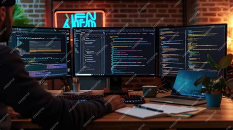 Premium Photo Software Developer Working On Code In Dual Monitor Setup Aig