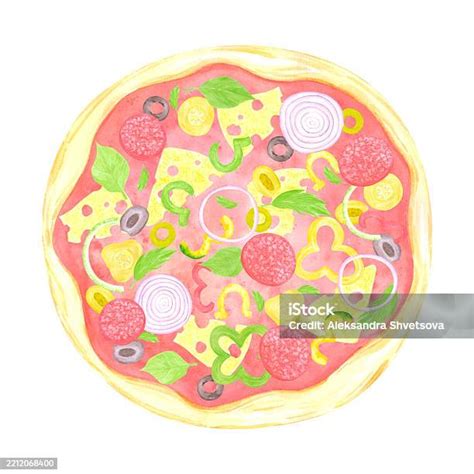 손으로 그린 수채화 피자 토마토 치즈 살라미 소시지 고추 올리브 흰색 배경에 고립되어 있습니다 라벨 카드 스크랩북 및 기타 인쇄 제품에 사용할 수 있습니다 0명에 대한 스톡