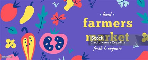 야채와 손으로 그린 다채로운 벡터 일러스트와 농민 시장 전단지 또는 웹 배너 레이아웃 지역 유기농 식품 박람회 행사를위한 그래픽