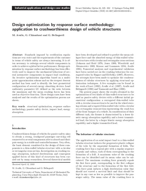 Pdf Design Optimization By Response Surface Methodology Application To Crashworthiness Design