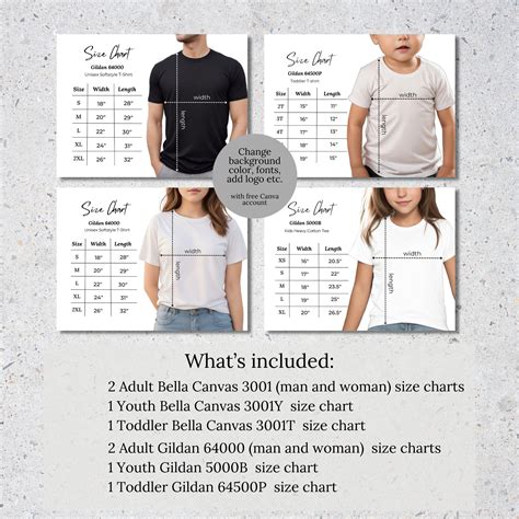 Editable Shirt Size Chart Bundle Canva Template Bella Canvas 3001 And Gildan Size Chart