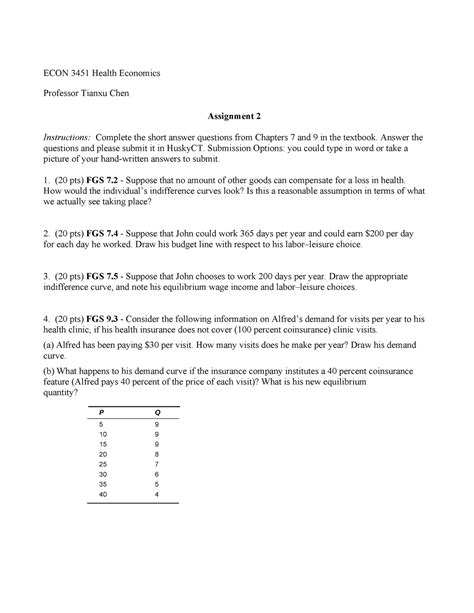ECON Assignment Problem Set ECON Health Economics Professor Tianxu Chen Assignment