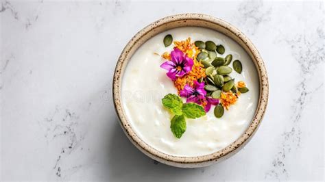 A Bowl Of Creamy Yogurt Topped With Colorful Edible Flowers And Pumpkin
