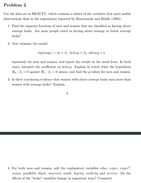 Solved Problem 2 Use The Data Set In BEAUTY Which Contains Chegg Com