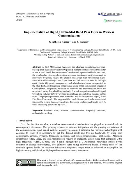 Pdf Implementation Of High Q Embedded Band Pass Filter In Wireless