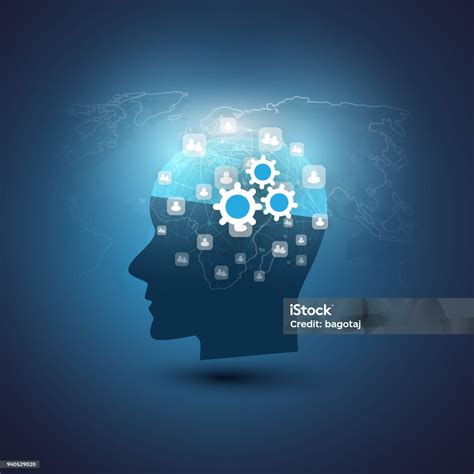 기계 학습 인공 지능 클라우드 컴퓨팅 및 사회 네트워크 디자인 개념 인간의 머리로 Brand Name Online Messaging Platform에 대한 스톡 벡터 아트