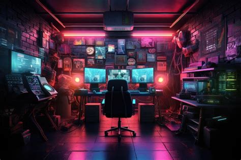 Premium Ai Image Futuristic Gaming Room With Computers And Monitors 3d Rendering Of A Computer