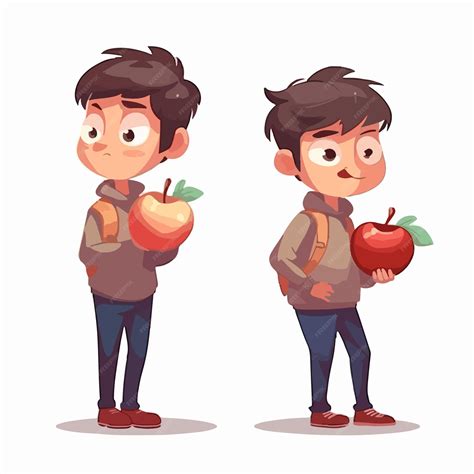 Мультяшный мальчик с векторной иллюстрацией яблока маленький ребенок Премиум векторы