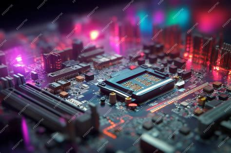 Premium Ai Image A Close Up Of A Computer Motherboard With A City In The Background Generative Ai