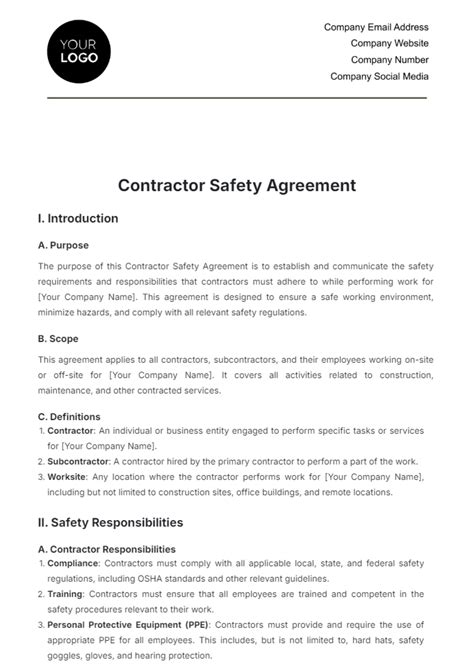 Free Contractor Safety Agreement Template To Edit Online
