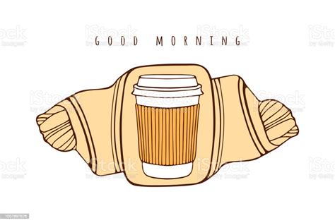 가 서 커피와 크 로입니다 테이크 테이크 아웃 패스트 푸드 손으로 그린된 벡터 일러스트 레이 션입니다 개체 그룹에 대한 스톡