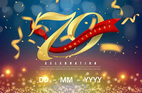 금과 파란색 배경에 79 주년 기념 로고 템플릿 빨간 리본 벡터와 색종이 고립 된 디자인 요소와 79 번째 황금 숫자를 축하