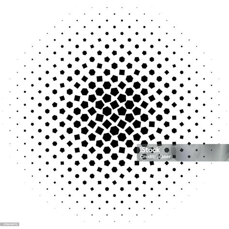 중앙을 향해 방사형으로 뻗어 있는 수많은 육각형과 점이 특징인 매혹적인 모노크롬 패턴입니다 이 디자인은 다양한 창의적인
