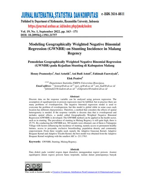Pdf Modeling Geographically Weighted Negative Binomial Regression